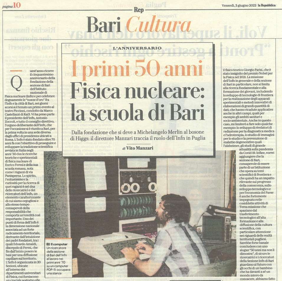 I 50 anni della sezione INFN di Bari su Repubblica di oggi venerdì 3 ...